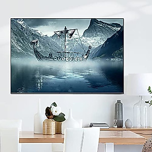 CINORD Landscape Cold North Sea Viking Long Ship Canvas Painting On The Wall Art Posters Bedroom Home Decor Living Room Prints (Framed,60x90cm)