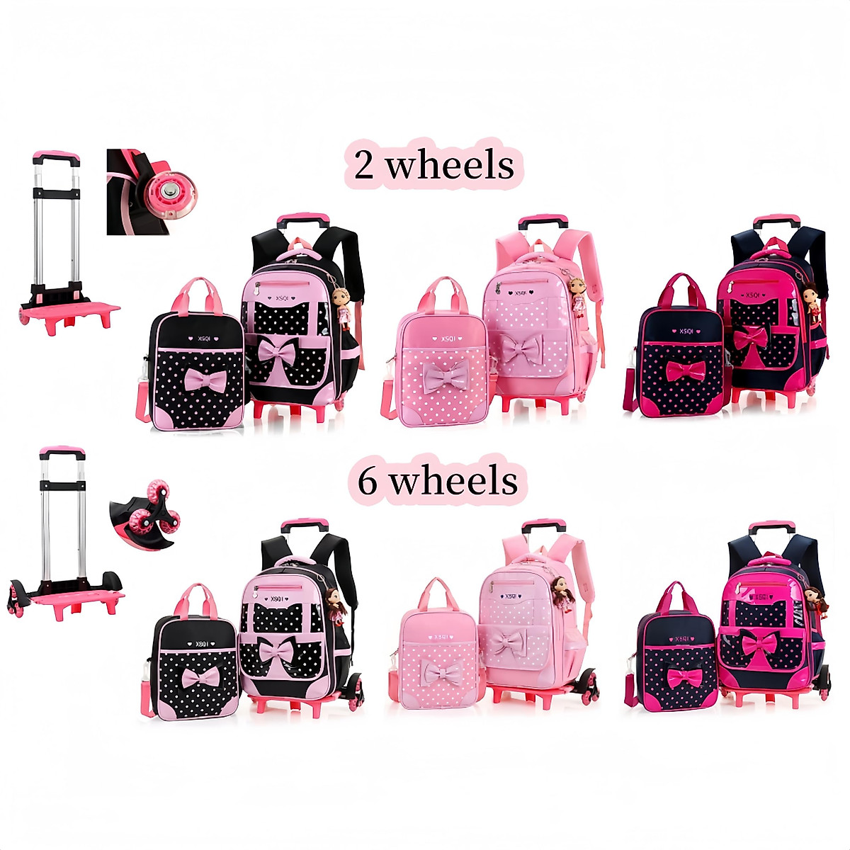 MITOWERMI Rolling Backpack for Girls Trolley School Bags Cute Bowknot Girls Backpack with Wheels Carry-on Travel Luggage with Handbag Toddler Elementary Princess Bookbags