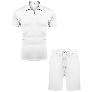 URRU Mens Short Sleeve Casual Polo Shirt and Shorts Sets Two Piece Summer Outfits Tracksuit Set for Men White L