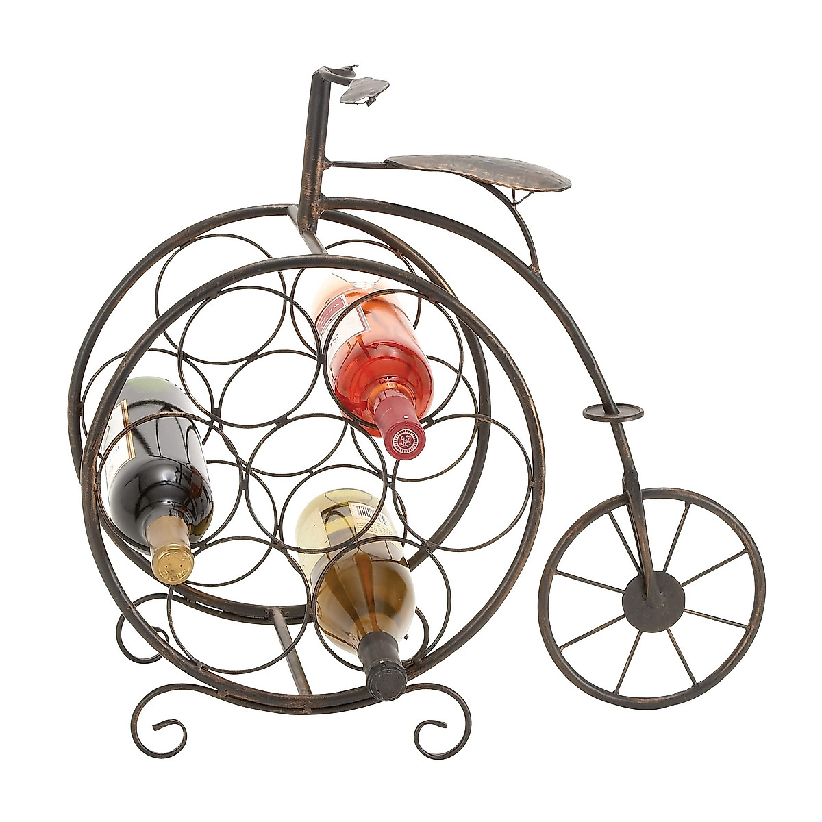 Deco 79 Metal Bike 7 Bottle Wine Rack with Scrollwork, 21" x 9" x 19", Brass