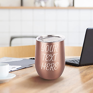 Personalized Your Text & Logo Wine Tumblers 12 oz. Laser Engraved Stainless Steel Vacuum Insulated Travel Mug with Lid, Custom Birthday Gift for Him, Her