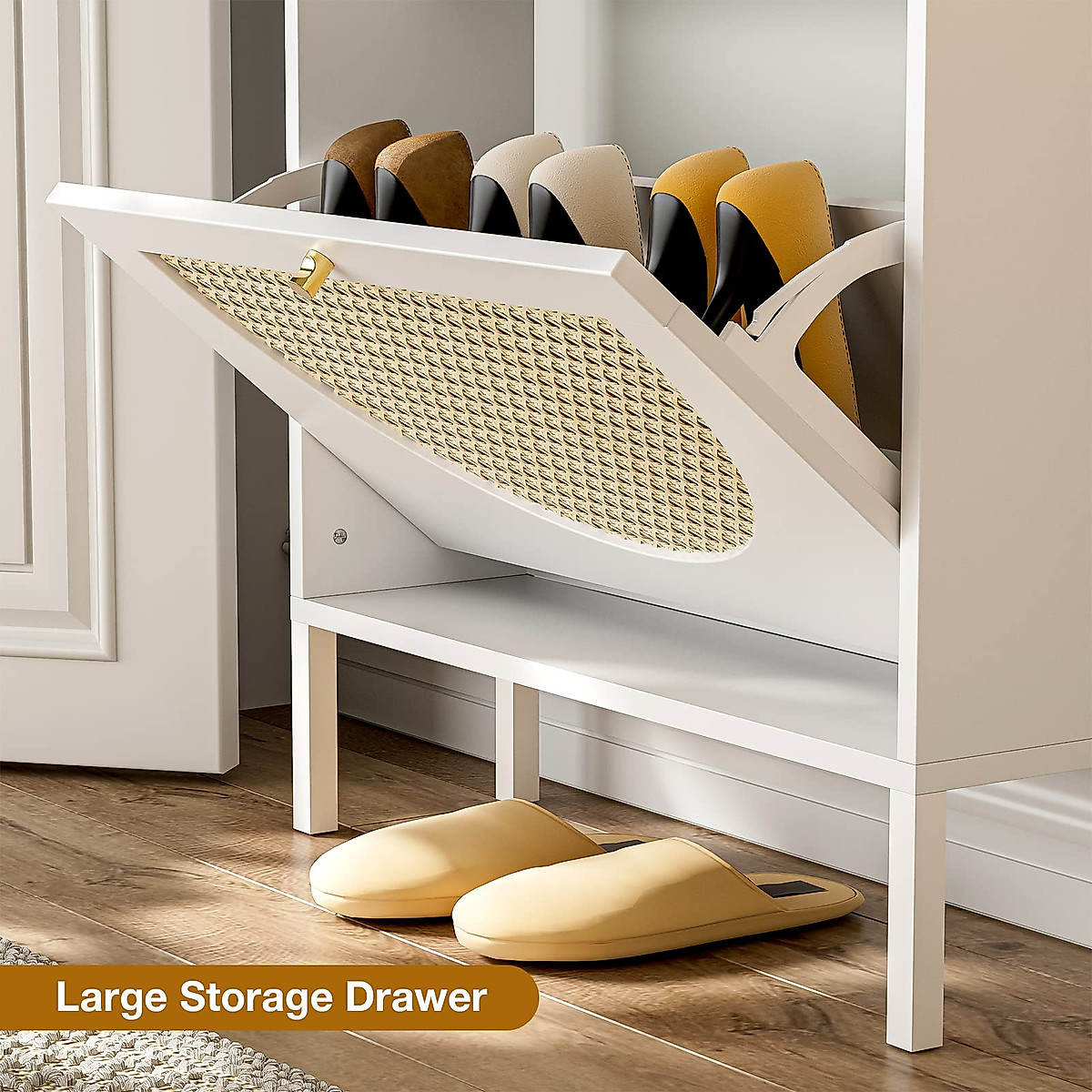 IKIFLY White Rattan Shoe Cabinet with 2 Flip Drawers, Narrow Free Standing Shoe Racks with Metal Legs, Shoe Storage Cabinet for Entryway, Living Room, Apartment