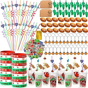 Weysat 268 Pcs Football Party Favors Sets for 24 People Birthday Gifts Goody Cups with Straws Key Chains Whistles Silicone Wristbands Stickers Thank You Tags for Party Supplies (Football)