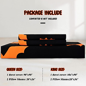 ASPMIZ 3 Piece Halloween Duvet Cover Queen Size Set, Black Bats Duvet Cover Set with Zipper Closure, Orange Flying Bat Comforter Cover Set 1 Duvet Cover 90 x 90 inches & 2 Pillow Shams