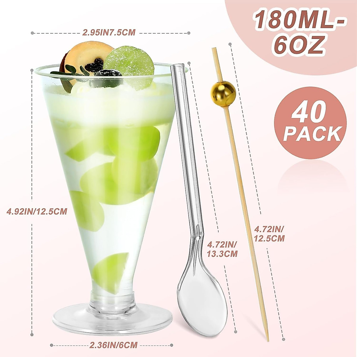 HawHawToys 40 Pack Clear Plastic Martini Glasses 6oz Disposable Cocktail Glasses Dessert Cups with Spoons,Reusable Cocktail Glasses Shooter for Party Champagne,Ice-Cream, Pudding and Trifle