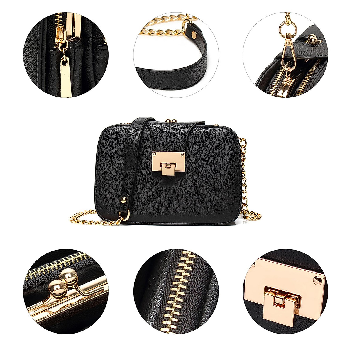 forestfish Ladies’ Black PU Leather Shoulder Bag Purse Evening Clutch Bags Crossbody Bag with long Metal Chain Strap, Black