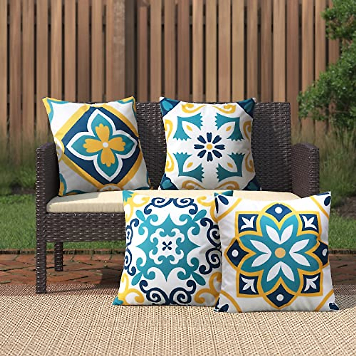 cygnus Outdoor Waterproof Throw Pillow Covers 18x18 Inch Set of 4 Boho Decorative Floral Covers for Patio Furniture Porch (18 * 18inch/45 * 45cm,Teal and Yellow)