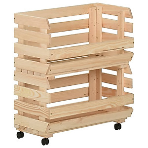 GOLINPEILO Wooden Vegetable Trolley, 3-Tier Wood Kitchen Rolling Cart, Wood Trolley Island Cart, Utility Cart Multi-Layer Storage Shelf Rack on Wheels, 14.6"x11.8"x31.5" Solid Wood Pine -295