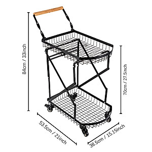 Folding Collapsible Cart, 2-Tier Mobile Folding Utility Trolley with Handle and Wheels,Heavy Duty Foldable Shopping Carts with Storage Basket for Groceries,Black Grocery Cart on Wheels,Load 88lbs