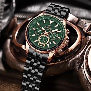 REWARD Mens Wrist Watches Fashion Round Dial Business Date Chronograph Luminous Waterproof Big Face Watch for Men Green Black