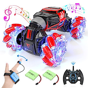 Powerextra Remote Control Car, 4WD Rc Stunt Car with Light & Music, Watch Gesture Sensor Car, Double Sided Rotating Off Road 360° Flips, Toy Car for Boys & Girls - Red