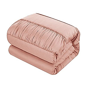 Chic Home Mykonos 20 Piece Comforter Set Striped Ruched Ruffled Embossed Bag Bedding, Queen, Coral