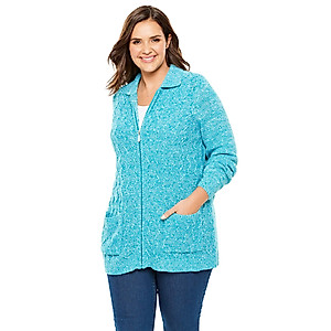 Woman Within Women's Plus Size Marled Zip-Front Cable Knit Cardigan - 1X, Navy Sky Blue Marled