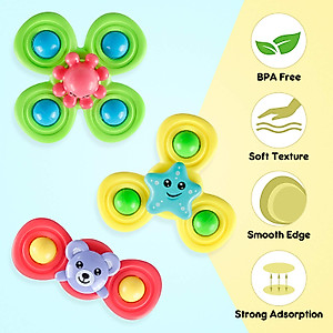 SEPEORUL Suction Cup Spinning Top Toy 3PCs Sensory Toys for Toddlers 1-3 Baby Bath Toys Baby Spinner Toys, Interesting Sucker Gameplay Early Learner Toys for Bath Tub, Dining Table or High Chair