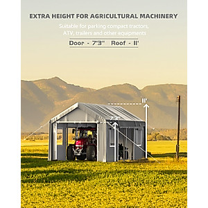 GarveeLife 13'x25'x11' Carport Oversized, Portable Garage with 180g PE Tarps, 19 Gauge Poles, 6 Roll-up Doors, and 4 Mesh Windows, Suitable for Full-Size Pickups Bass Boats, Tractors, and SUVs, Gray