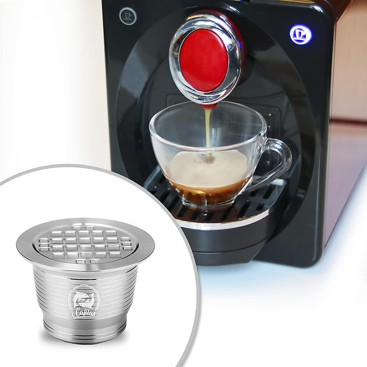 Maiju Compatible With Stainl Steel Coffee Capsule Reusable Refillable Coffee Capsule Cup Filter with Brush Spoon Powder-pr Ring, Square hole