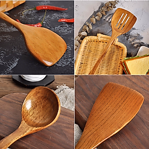 Wooden Spatula,Slotted Turner,Soup Ladle,Long Handle Utensils Set,Handmade for Kitchen Cookware (Wooden Utensil 4 Sets)
