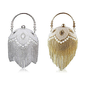 ZLXDP Tassel Pearl Beaded Crystal Party Evening Bag Wedding Round Ball Wrist Bag Round Clutch Purse Handbag (Color : White-Fruit peach5, Size : 1)