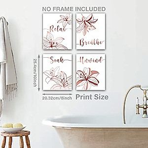 Unframed Relax Soak Unwind Breathe Bathroom Wall Decor - 8x10 inch Abstract Flowers Rose Gold Foil Print Bathroom Decor Wall Art, Set of 4 Flowers Wall Decor Art Prints for Bathroom Washroom Room Home
