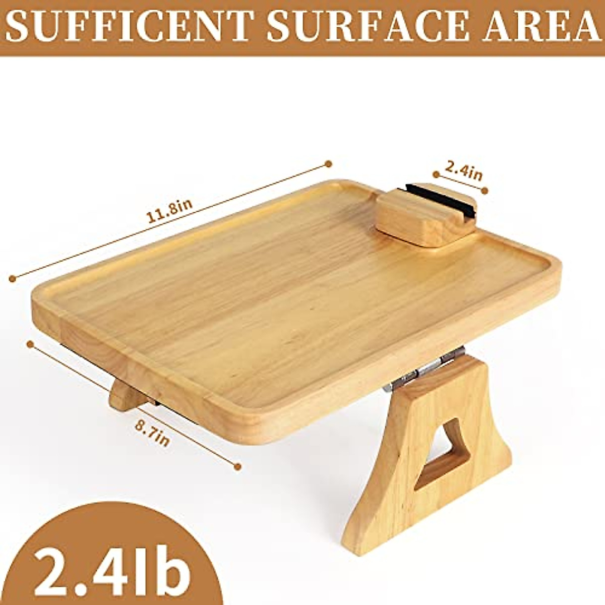 TISEMENT Couch Tray for Wide Sofa, 11.8’’ × 8.7’’ Clip On Sofa Arm Tray with 360° Rotating Bracket,Foldable Couch Arm Table for widening Space, Wooden Couch Cup Holder for Drinks/Snacks/Fruits