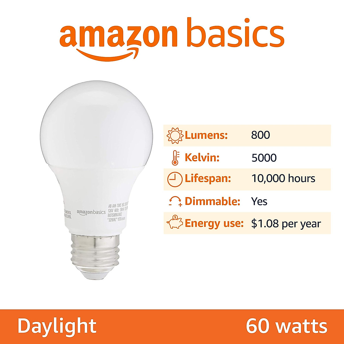 Amazon Basics A19 LED Light Bulbs, 60 Watt Equivalent, Energy Efficient 9W, E26 Standard Base, Daylight White 5000K, Dimmable, 10,000 Hour Lifetime , 6-Pack