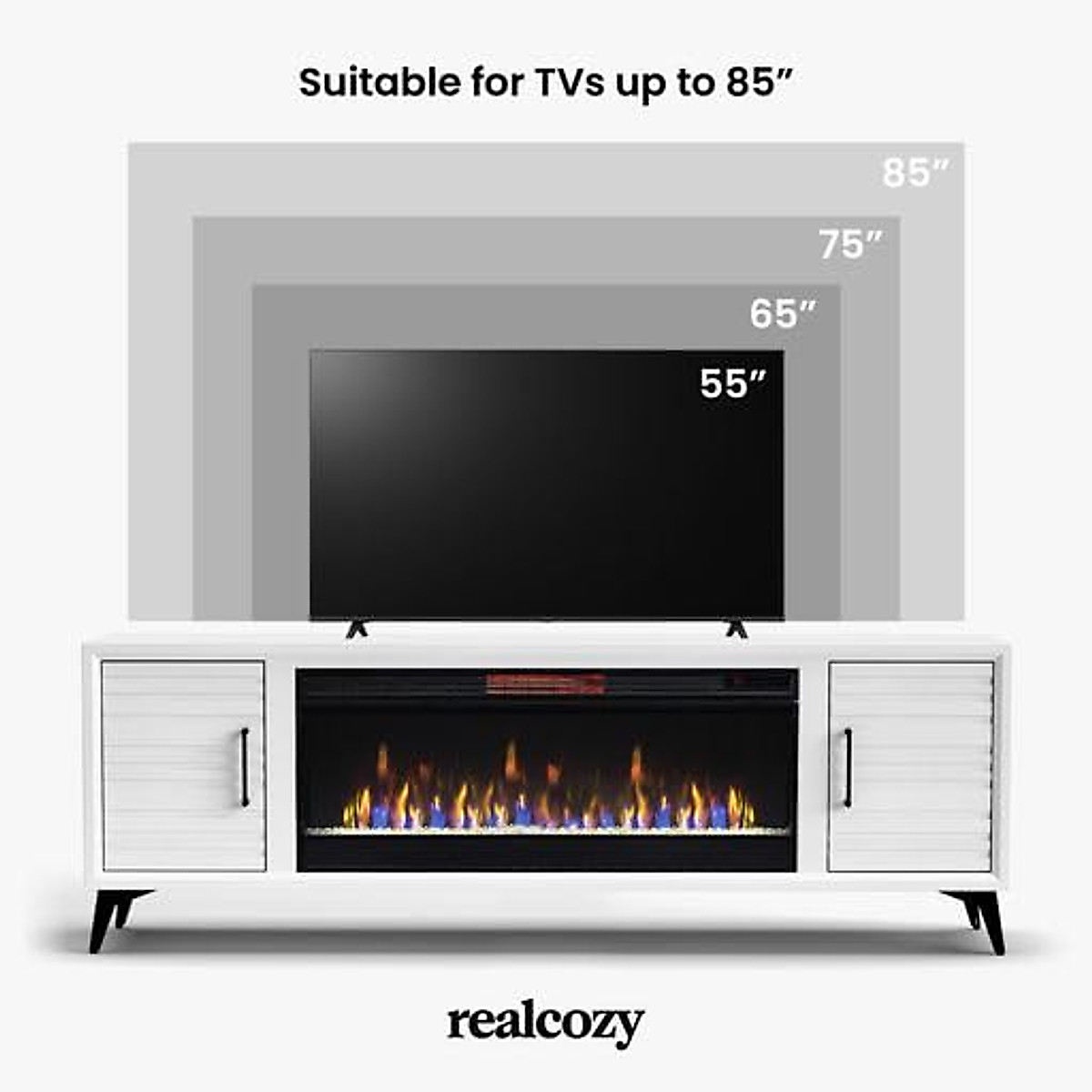 Realcozy Malibu Contemporary Fireplace TV Stand, 78 inches, Accommodates TVs up to 90 inches, Fully Assembled, Poplar Solid Wood, White Finish