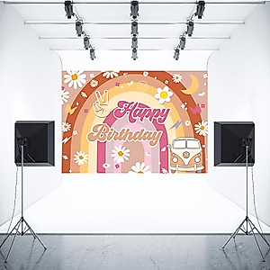 Aperturee 7x5ft Happy Birthday Backdrop Daisy Floral Groovy Photography Backdrop Girls Bday for Newborn Boho Rainbow Bus Party Decorations Cake Table Supplies Banner Photo Booth Props