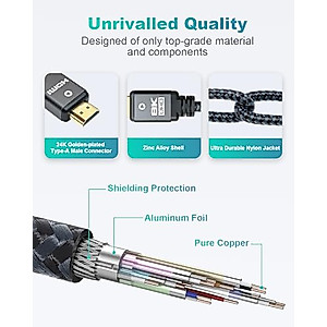 Yauhody 8K HDMI 2.1 Cable 10ft, Certified Ultra High Speed Heavy Duty Nylon Braided HDMI 2.1 Cord, 8K@60Hz, 10K, 4K@144Hz, 4K@120Hz, eARC, HDCP 2.2 & 2.3, Dynamic HDR, 3D for Monitor, TV (10 Feet)