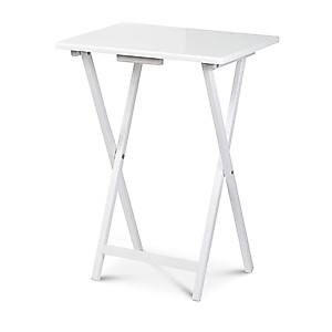 PJ Wood Lightweight Rectangle Solid Wood Construction Multifunctional Folding Table Tray with Compact Storage Rack, White, 2 Piece Set