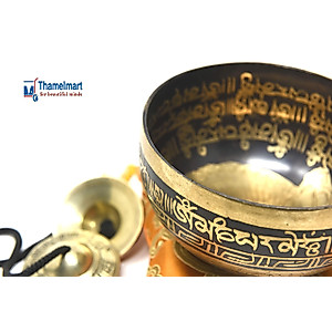 8" Healing Meditation Mantra Carved Singing Bowl, Etching Tibetan Art, Hand Hammered Singing Bowls with Silk Cushion, Gong & Mallet Striker
