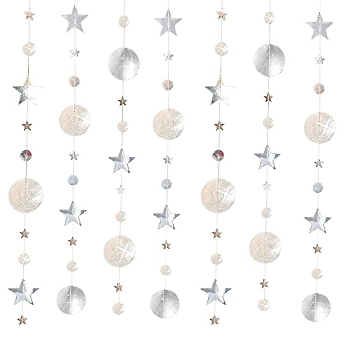 3 Pack Silver Party Decorations Moon Star Garland Ramadan Hanging Stars Circle Streamer Banner Backdrop Background for Wedding Birthday Christmas New Year EID Graduation Decor
