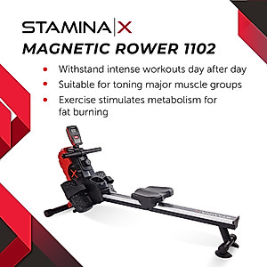 Stamina X Magnetic Rower 1102 - Rower Machine with Smart Workout App - Rowing Machine with Magnetic Resistance for Home Gym Fitness - Up to 250 lbs Weight Capacity - Black/Red