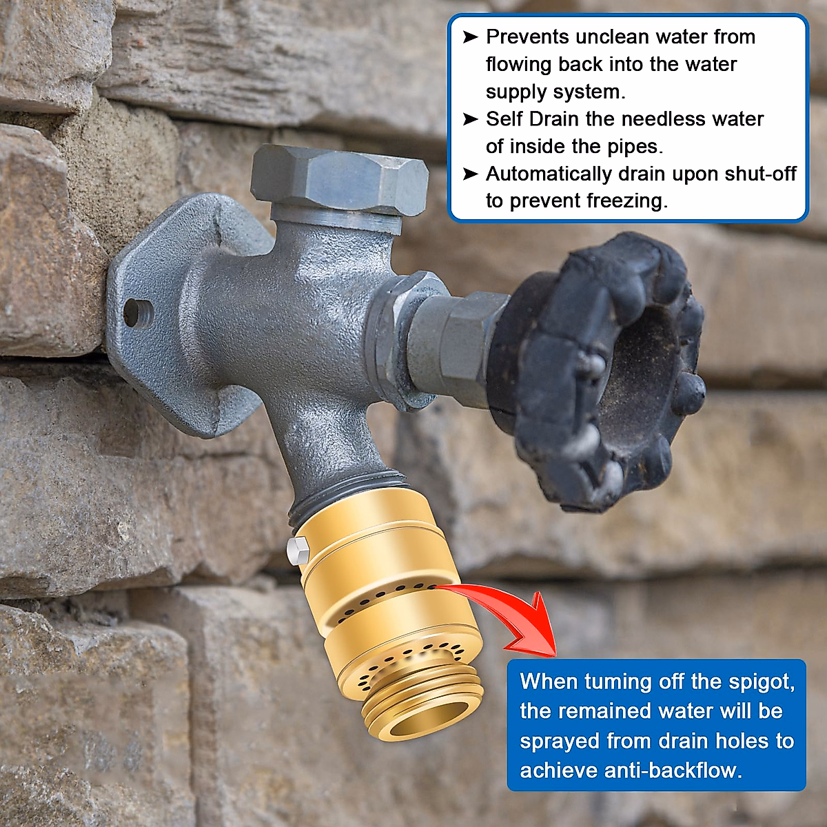 Self Draining Vacuum Breaker, No Lead Brass 3/4" Female x 1-1/16" GHT Male Hose Bib Backflow Preventer, Comes With 1-1/16" Female x 3/4" GHT Male Converter, Fit 1-1/16'' Fine Thread Faucet