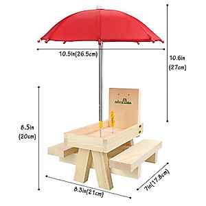 MIXXIDEA Squirrel Feeder Table with Umbrella, Wooden Squirrel Picnic Table Feeder, Durable Squirrel Feeder Corn Cob Holder, with Solid Structure and 2 x Thick Benches(Squirrel Feeder table-1pk)