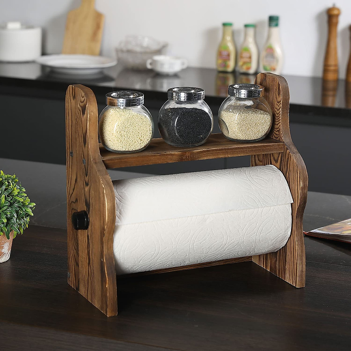 MyGift Wall Mounted Solid Burnt Wood Paper Towel Holder and Spice Rack Storage Shelf with Industrial Black Metal Bar for Easy Refill, Countertop Standard Roll Paper Towel Dispenser and Display Shelf