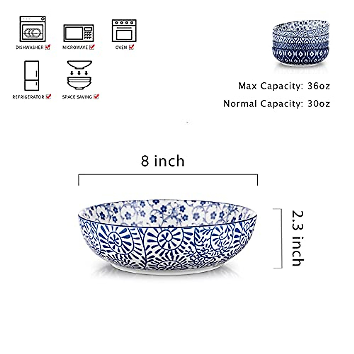 Selamica Ceramic 30 Ounce Large Pasta Bowls 8 inch Serving Bowls Wide and Shallow Microwave Dishwasher Safe Bowls Set of 4, Vintage Blue