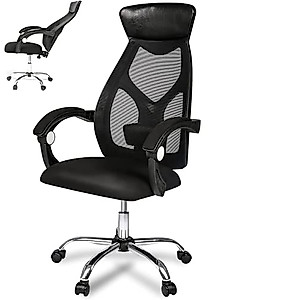 Ergonomic Office Desk Chair, Recliner with Mesh High Back Leather Headrest, Adjustable Lumbar Support Reclining Office Chair, Padded Armrest for Swivel Office Task Computer Chair, Modern Black