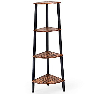 Giantex 4-Tier Corner Shelf Industrial Multipurpose Bookcase, Home or Office Storage Rack, Wood Plant Stand with Metal Frame (Rustic Brown)