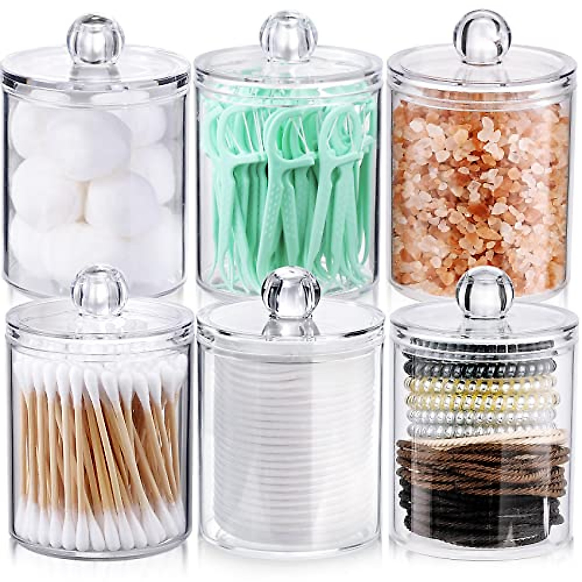 AOZITA 9 Pack Qtip Holder Dispenser for Cotton Ball, Cotton Swab, Cotton Round Pads, Floss - 10 oz Clear Plastic Apothecary Jar Set for Bathroom Canister Storage Organization, Vanity Makeup Organizer