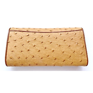 Julie Genuine Real Ostrich Skin Leather Trifold Clutch Long Golden Tan Wallet