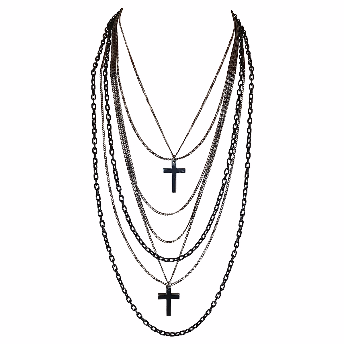 DragonWeave Jewelry Deluxe Gothic 80s Madonna Retro Multilayer Gunmetal Crosses Long Multi Strand Black Chain Necklace
