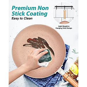 BUNDLEPRO Nonstick Frying Pan, Granite Coating Skillet with Wooden Handle, 9.4'' Induction Compatible White Aluminum Cookware for Cooking Fish, Egg, Chicken, Steak,Vegetables