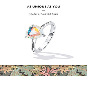 BISAER Love Heart Ring 925 Sterling Silver Band Ring with a Shining heart Colorful Love Cubic Zirconia Promise Jewelry Gifts for Love Size 5-9