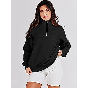 Caracilia Women Oversized Sweatshirt Quarter Zipper Fleece Pullover Hoodies Half Zip Y2K Clothes Collar Sweater Long Sleeve Trendy Fall Top Cute Gym Clothes for Women C113A7-heise-M Black