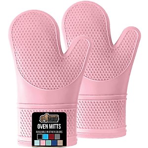 GORILLA GRIP BPA-Free Soft Silicone Oven Mitts, Heat and Slip Resistant Thick Cotton Lined Cooking Mitt Set, Long Flexible Potholders Protect Hands, Kitchen Essential Waterproof Gloves, 12.5" Pink