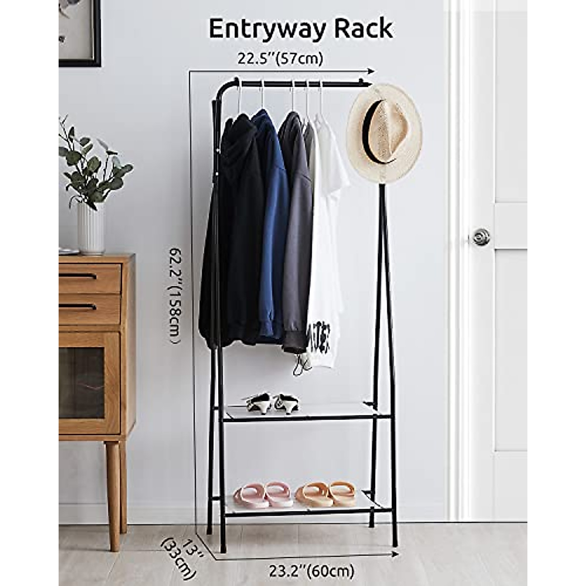 YOUDENOVA Small Clothes Rack, Freestanding Clothing Garment Rack with Shelves for Living Room, Black Coat Rack
