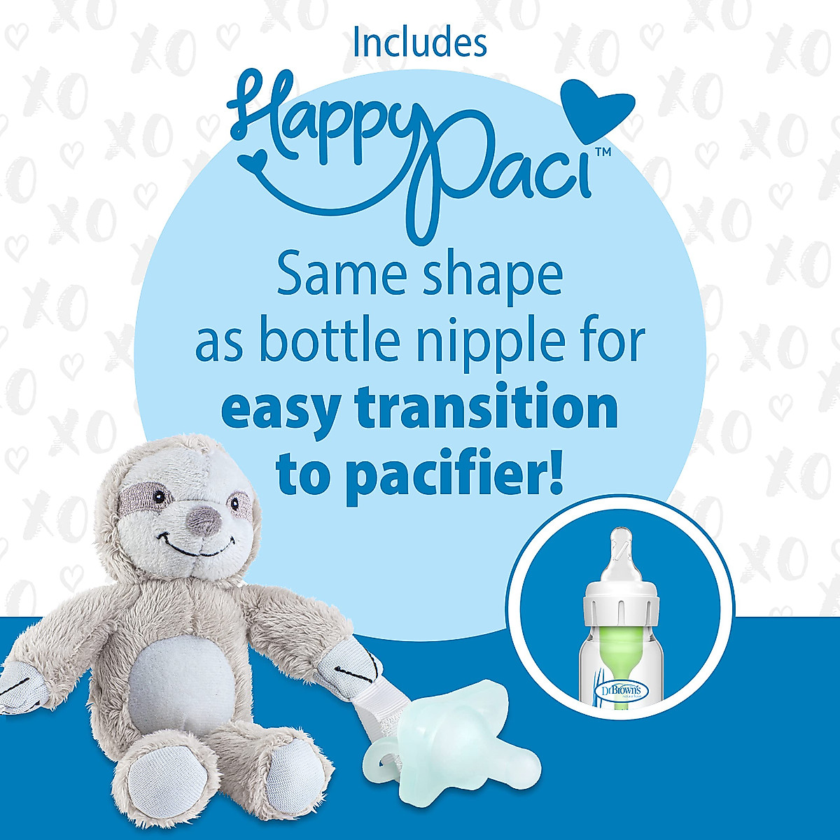 Dr. Brown's Baby Lovey Pacifier and Teether Holder, Sloth with Gray HappyPaci, 100% Silicone, 0-6m