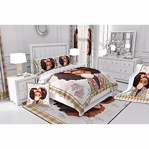 African Style American Comforter Sets Girls,Kids Cartoon Black Girls Bedding Set,Fashion Star Shoes Reversible Printed Quilted Duvet Teens Room Decor,Beige Brown Plaid Bedspread,1 Pillowcase