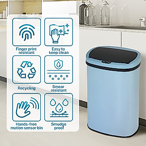 Dkeli Kitchen Trash Can for Bathroom Bedroom Home Office Automatic Touch Free High-Capacity Garbage Can with Lid Brushed Stainless Steel Waste Bin 13 Gallon / 50L - Blue
