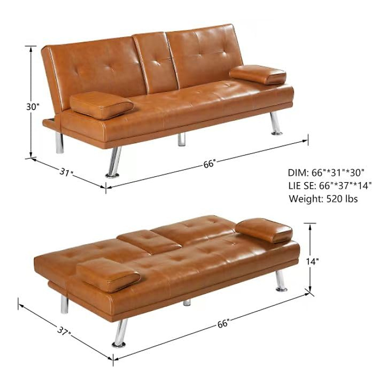 Convertible Folding Futon Sofa Bed with Metal Legs & 2 Cupholders, Modern Fabric Leather Upholstered Couch Loveseat Sleeper, Folding Couches Bed, Removable Armrests for for Small Spaces (Brown+New)